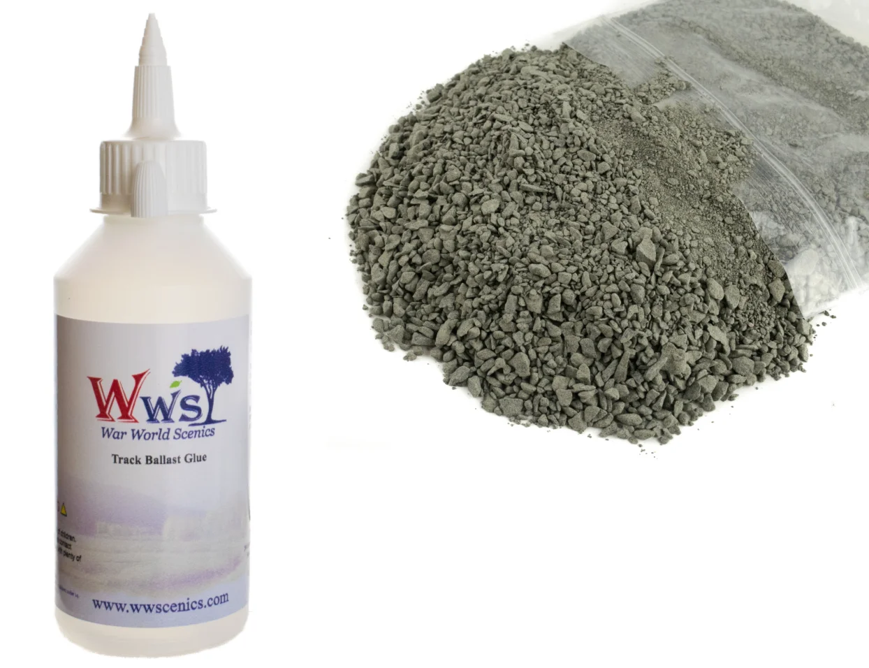 Fine Grey Ballast Mixture & Track Ballast Glue | WWScenics